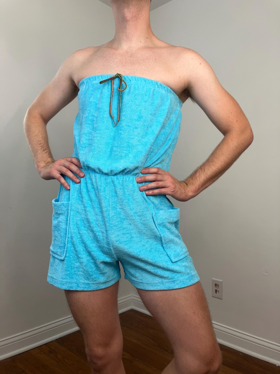 80s Light Blue Terry Cloth Roller Skate Romper With Rainbow Tie - Etsy