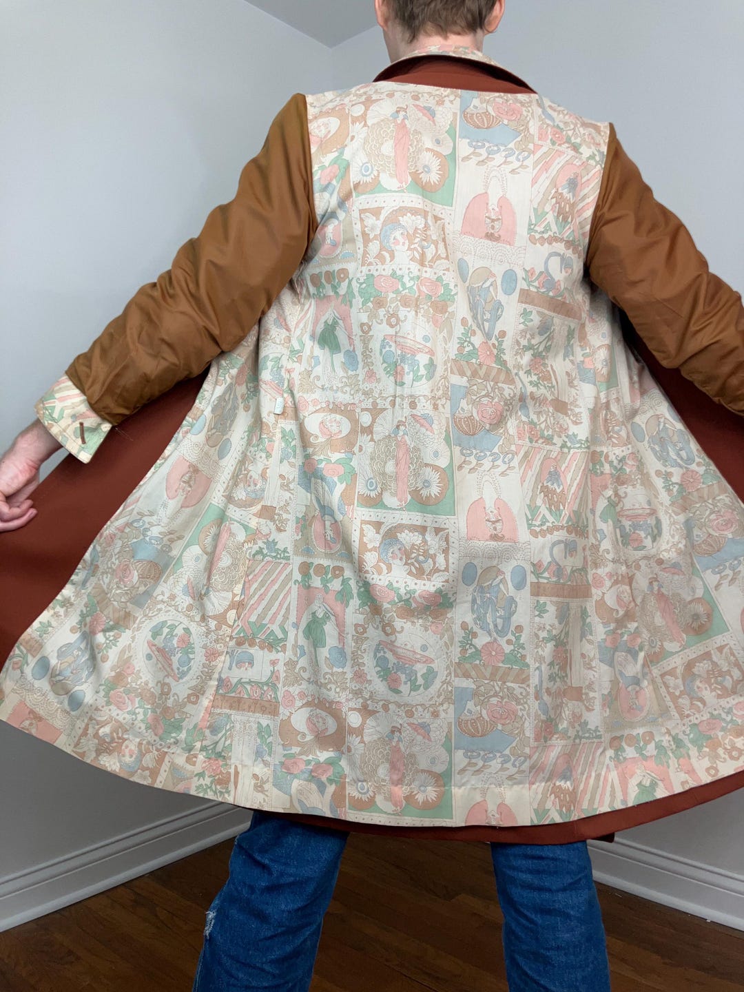 70s Rust Orange Trench Coat With Art Deco Lady Novelty Print Lining - Etsy
