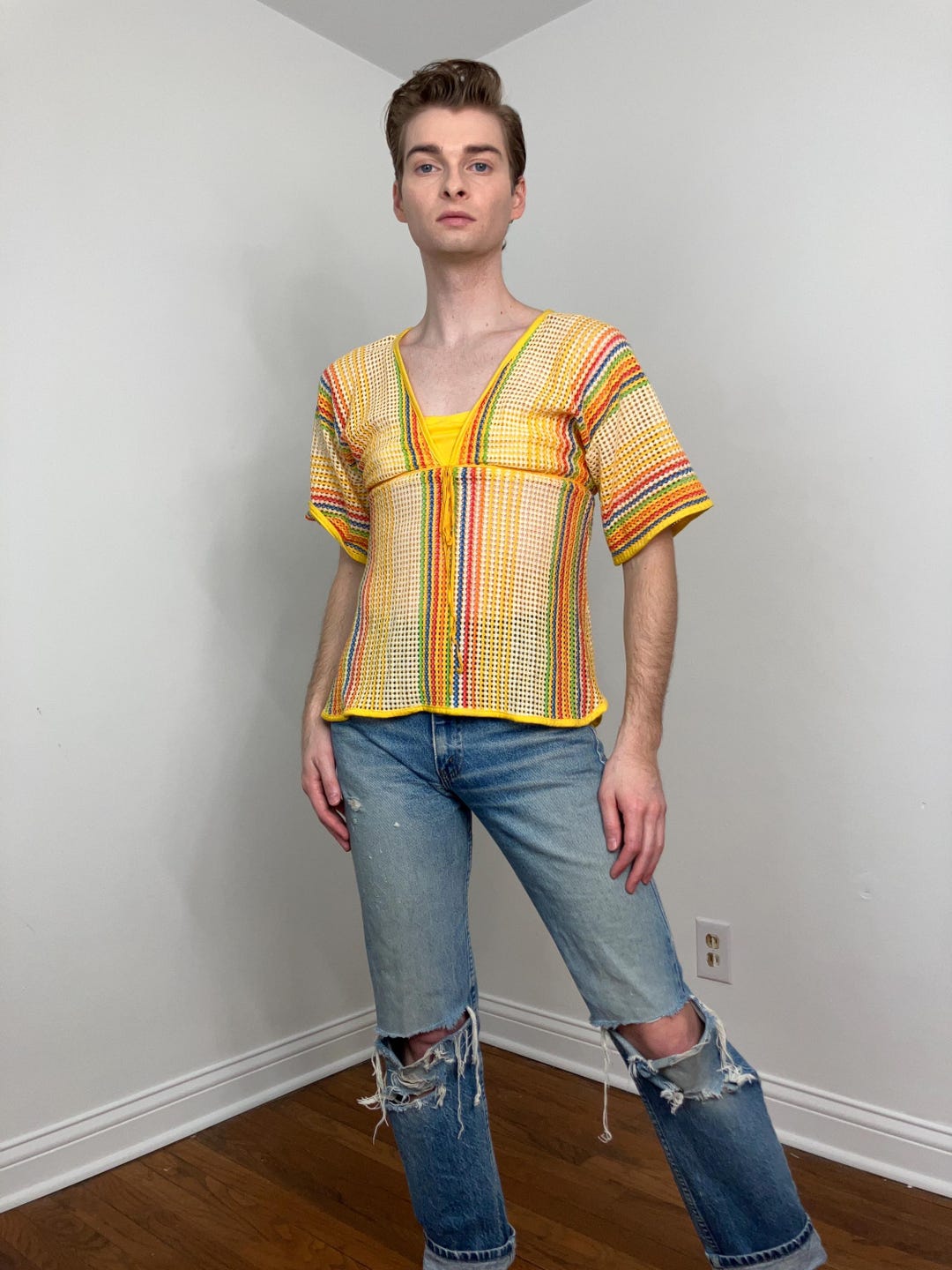 70s Rainbow Stripe Mesh Top by Just Tops - Etsy