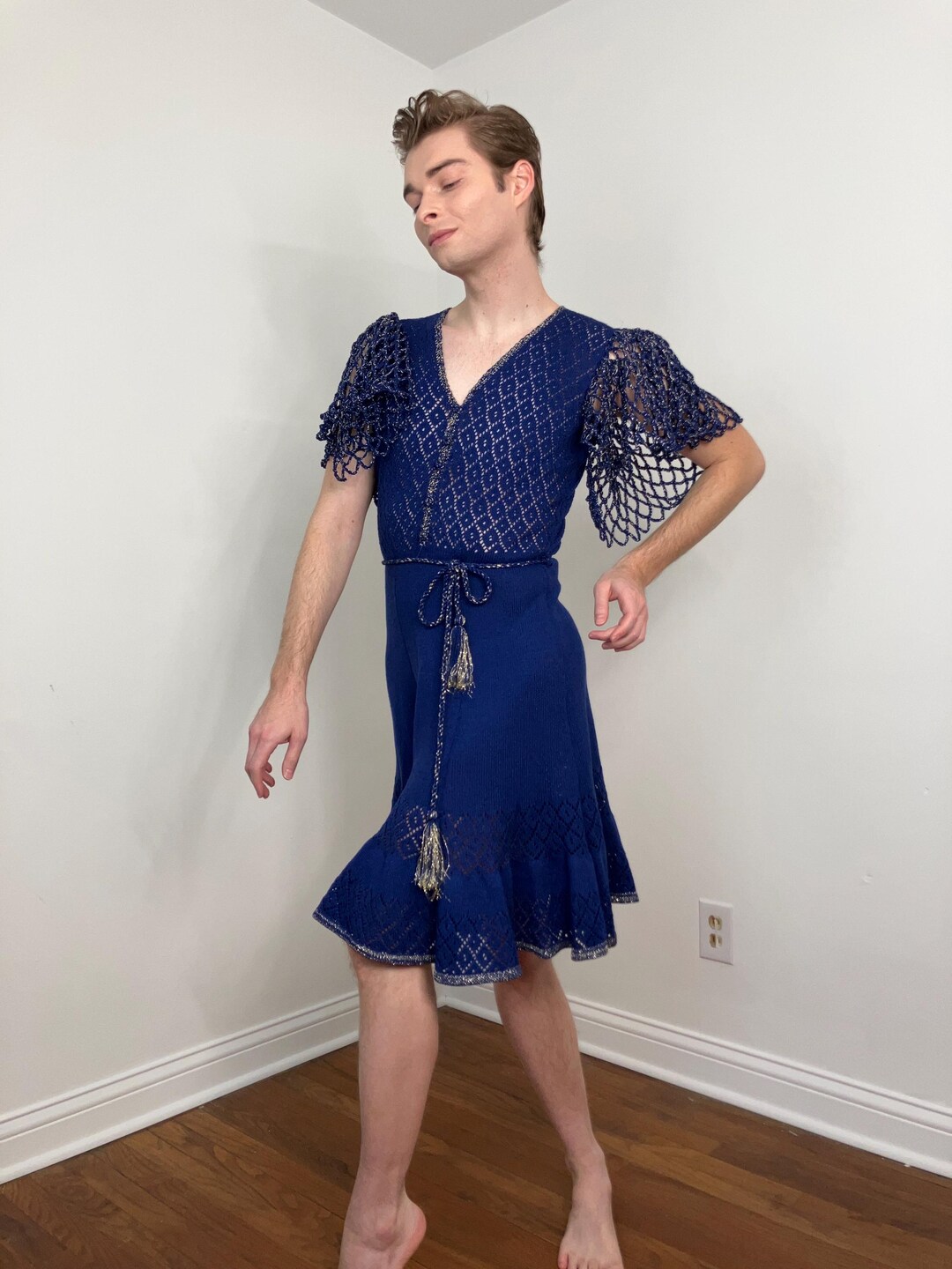 70s Miss Joann Navy and Silver Metallic Knit Dress With Cage Flutter ...