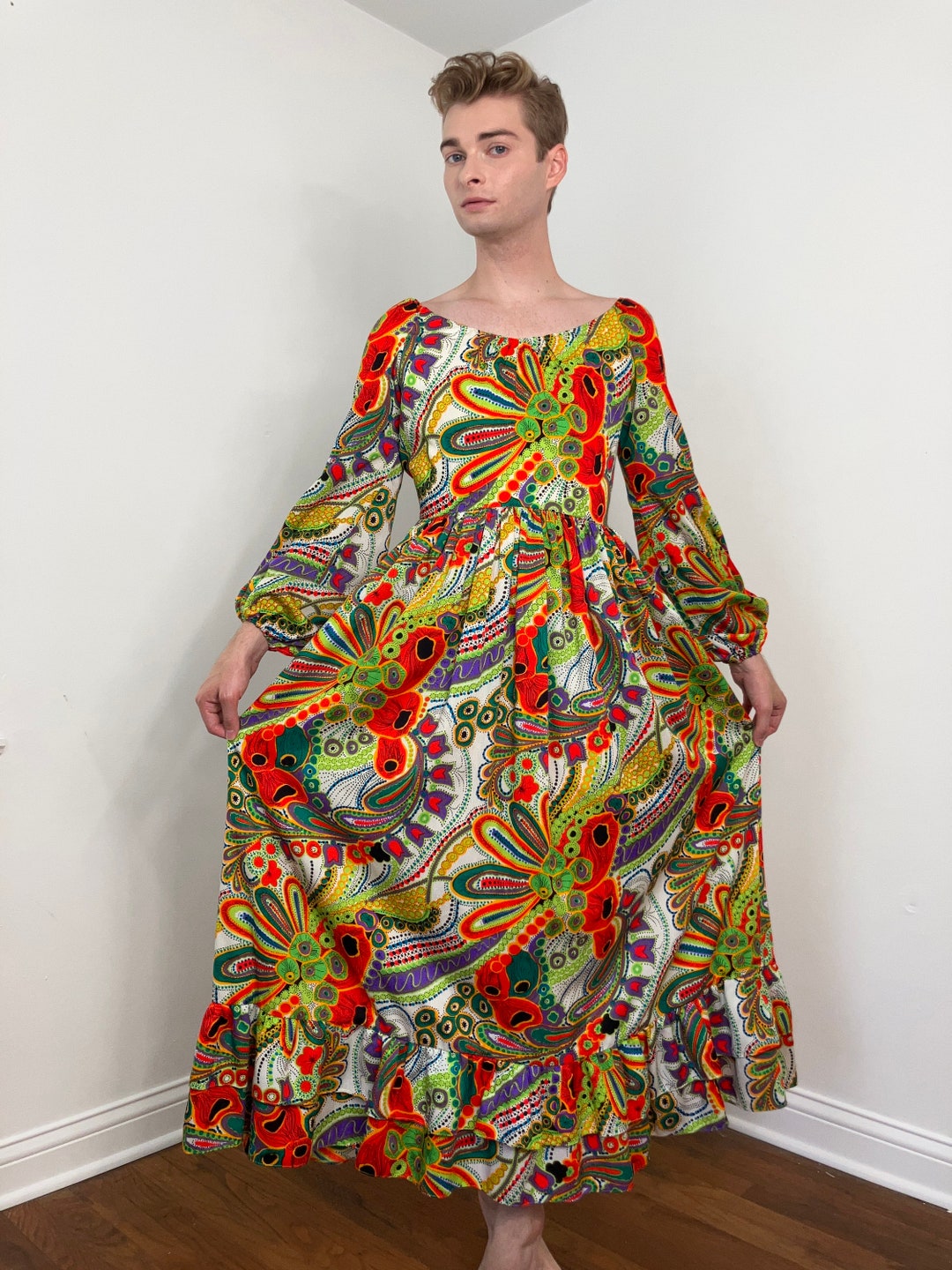 60s Pat Richards Psychedelic Barkcloth Dress - Etsy