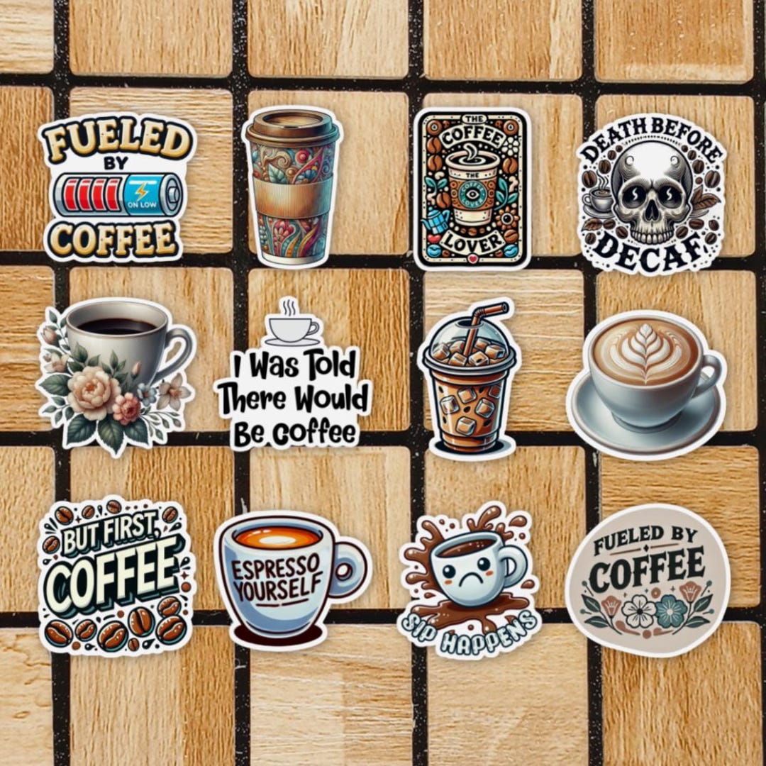 Set of 12 Coffee Stickers Pack - 2" Die Cut Stickers - Funny Vinyl ...