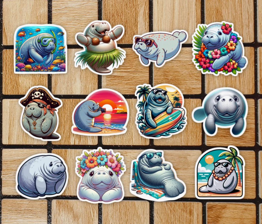Set of 12 Manatee Stickers - 2" Die Cut Manatees Sticker Pack - Cute ...