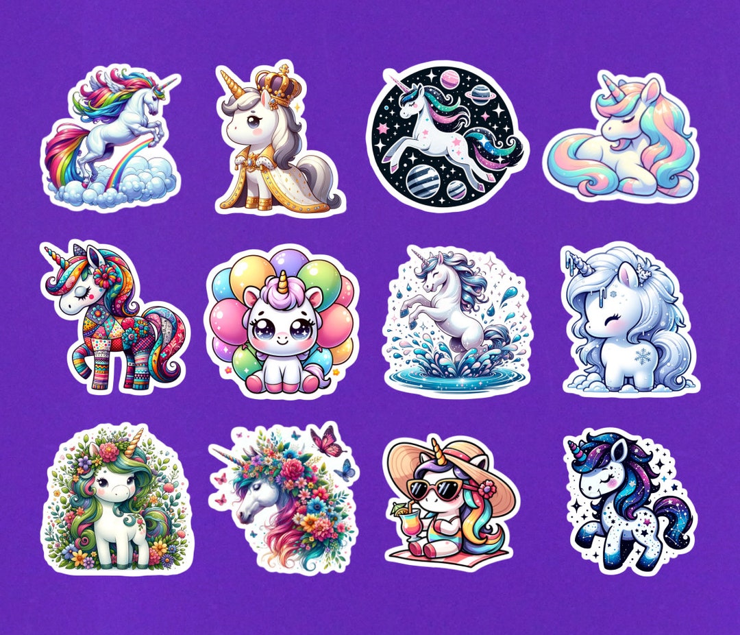 Set of 12 Unicorn Stickers 2 Die Cut Unicorns Sticker Pack Cute Unicorn ...