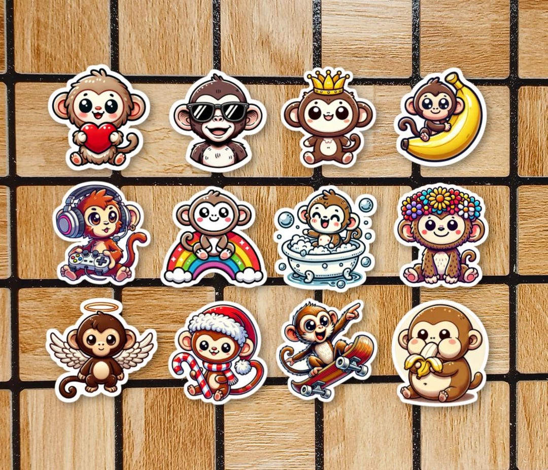 Set of 12 Cute Monkey Stickers - Monkey Sticker Pack - 2" Size - Animal ...