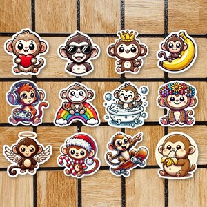 Set of 12 Cute Monkey Stickers - Monkey Sticker Pack - 2" Size - Animal ...
