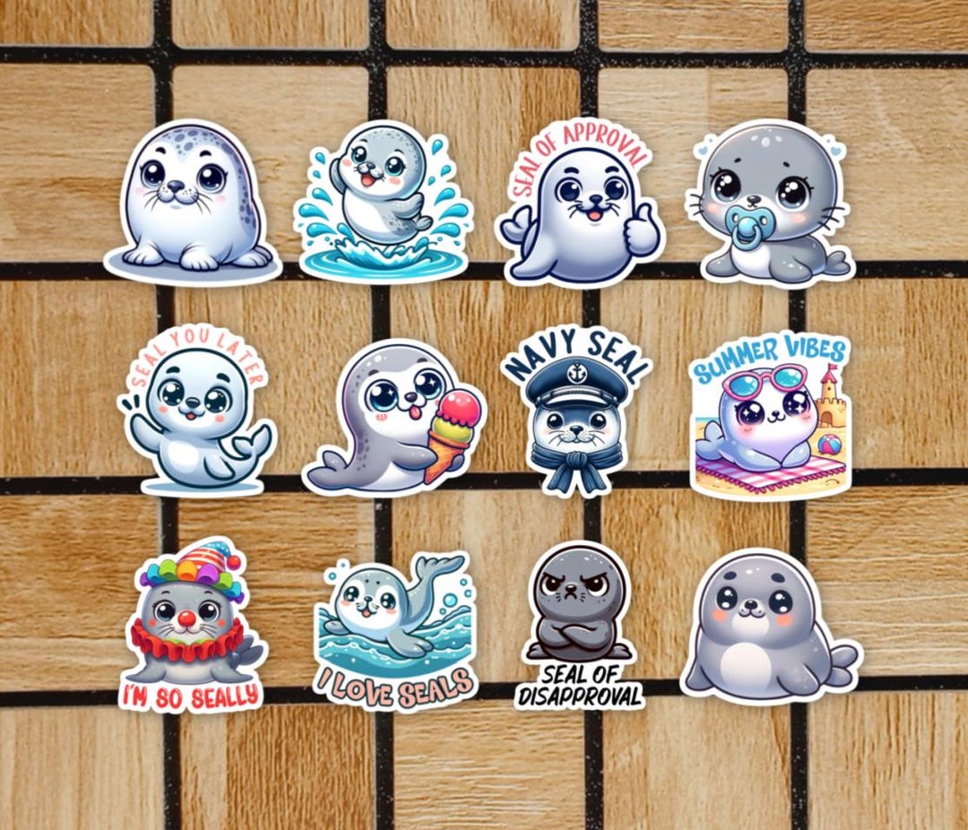 Set of 12 Seal Stickers - 2" Die Cut Sticker Pack - Cute Laptop ...