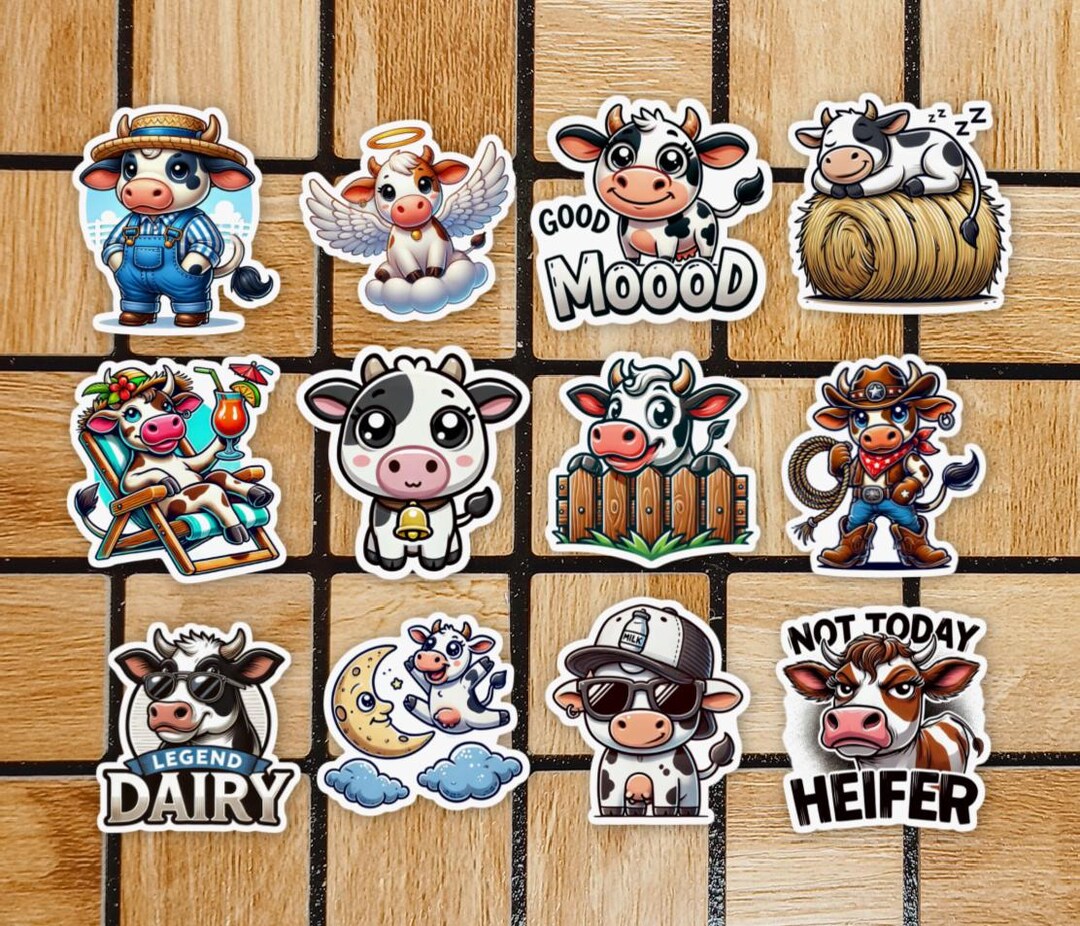 Set of 12 Cow Stickers - Cow Sticker Pack - 2" Die Cut Stickers - Cute ...