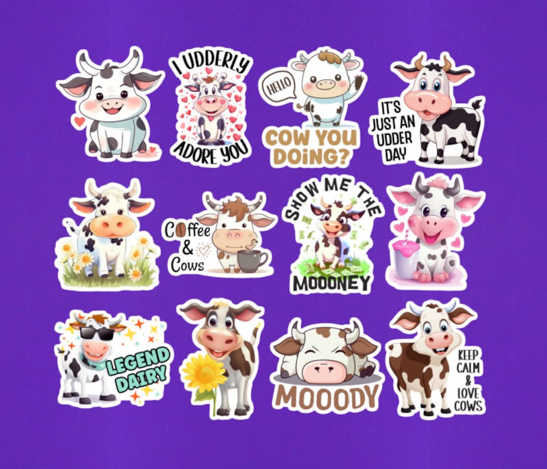 Funny Cow Stickers Mini Cow Sticker Pack 12 Stickers 2 Die Cut Stickers ...
