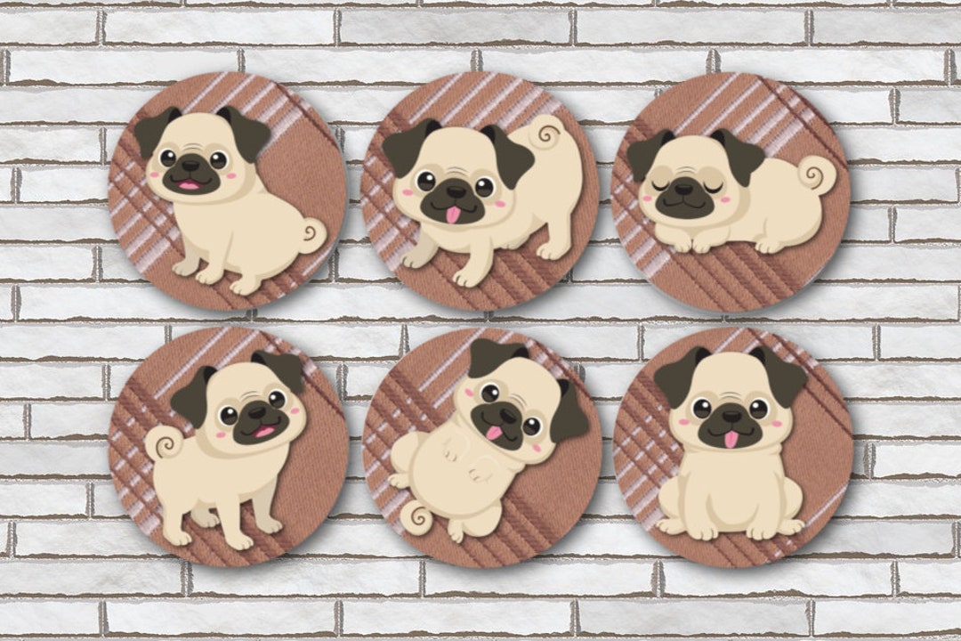 Set of 6 Pug Magnets or Pinback Buttons Pin or Scrapbook Flair Pug ...