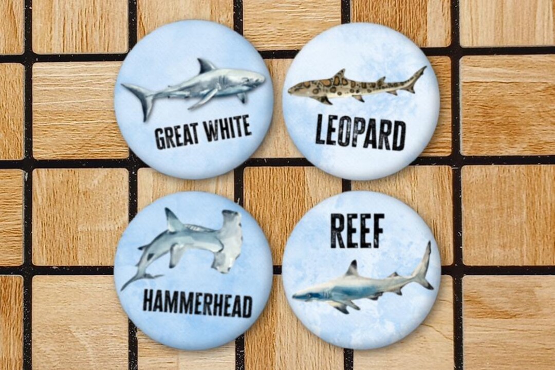 Set of 4 Watercolor Shark Magnets or Pinback Buttons - Cool Shark Decor ...