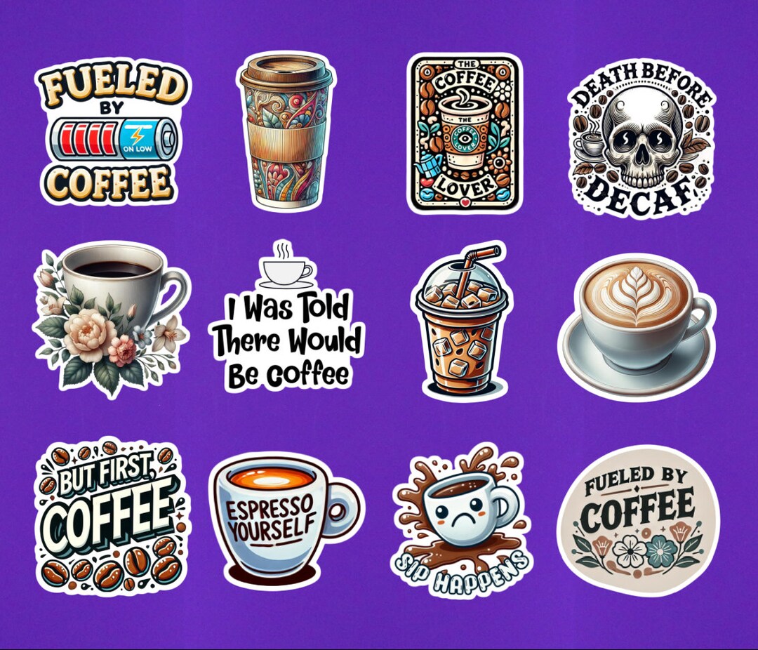 Set of 12 Coffee Stickers Pack 2 Die Cut Stickers Funny Stickers Laptop ...
