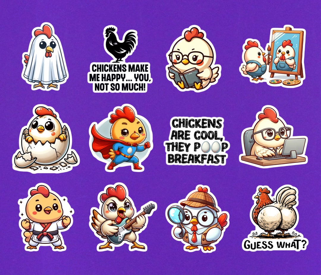 Set of 12 Chicken Stickers Assorted 2 Die Cut Stickers Pack Cute Animal ...