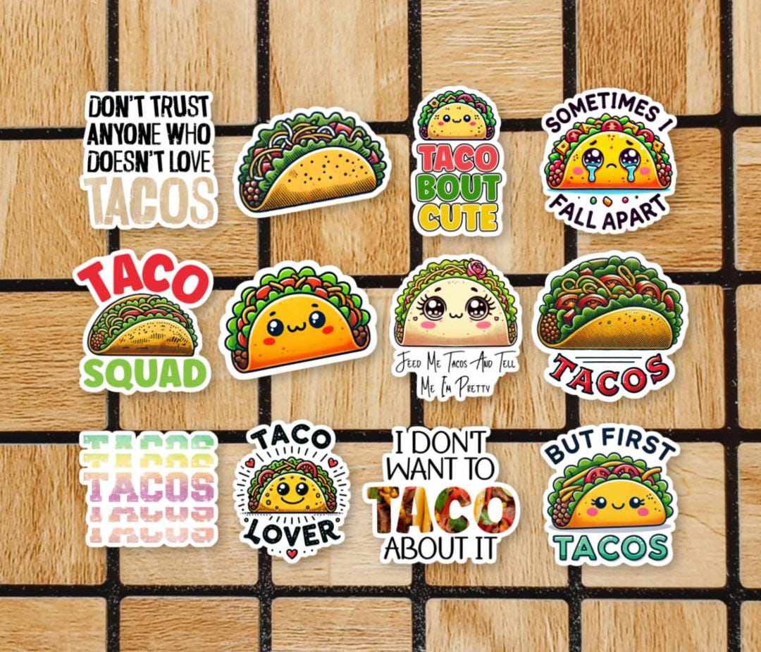 Set of 12 Funny Taco Stickers - 2" Die Cut Taco Laptop Stickers - Taco ...