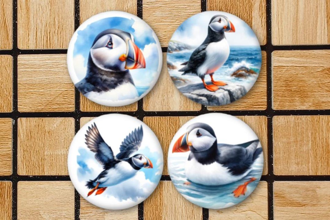 Set of 4 Watercolor Puffin Magnets or Pinback Button Pins - 2.25 ...
