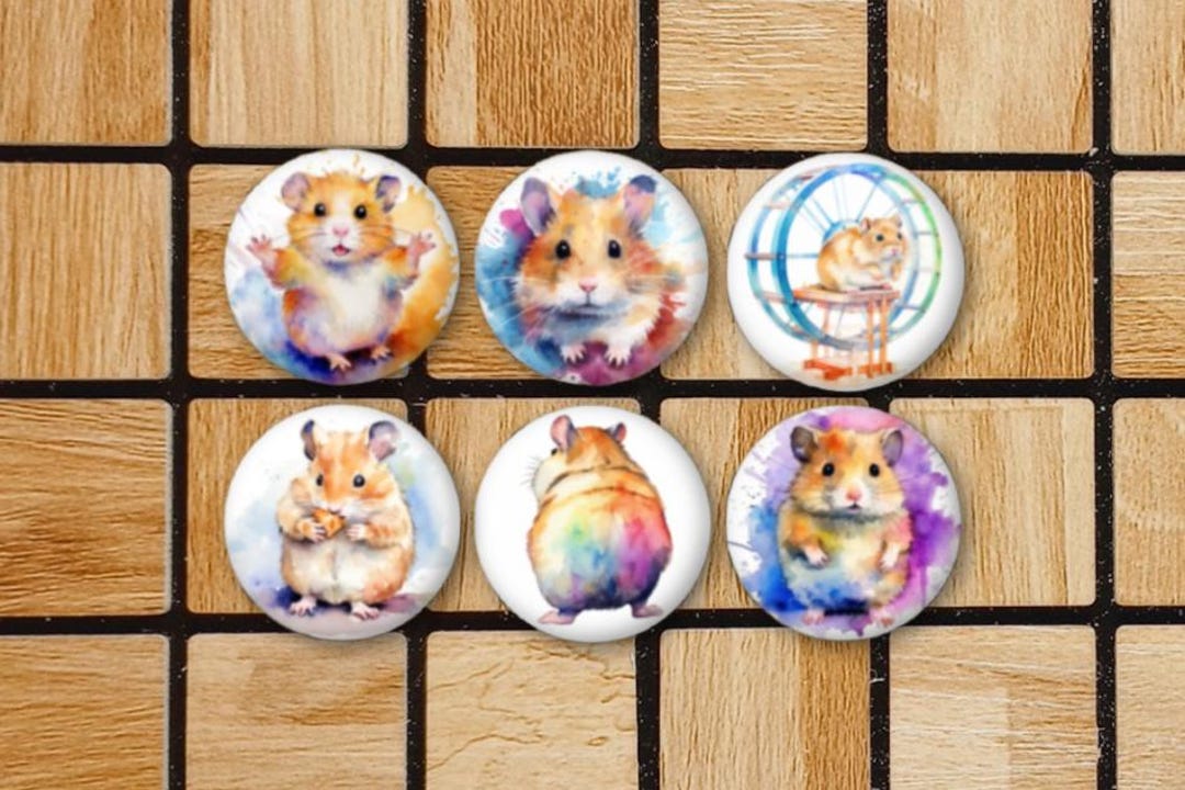 Set of 6 Watercolor Hamster Fridge Magnets or Pinback Buttons Pin 1.25 ...