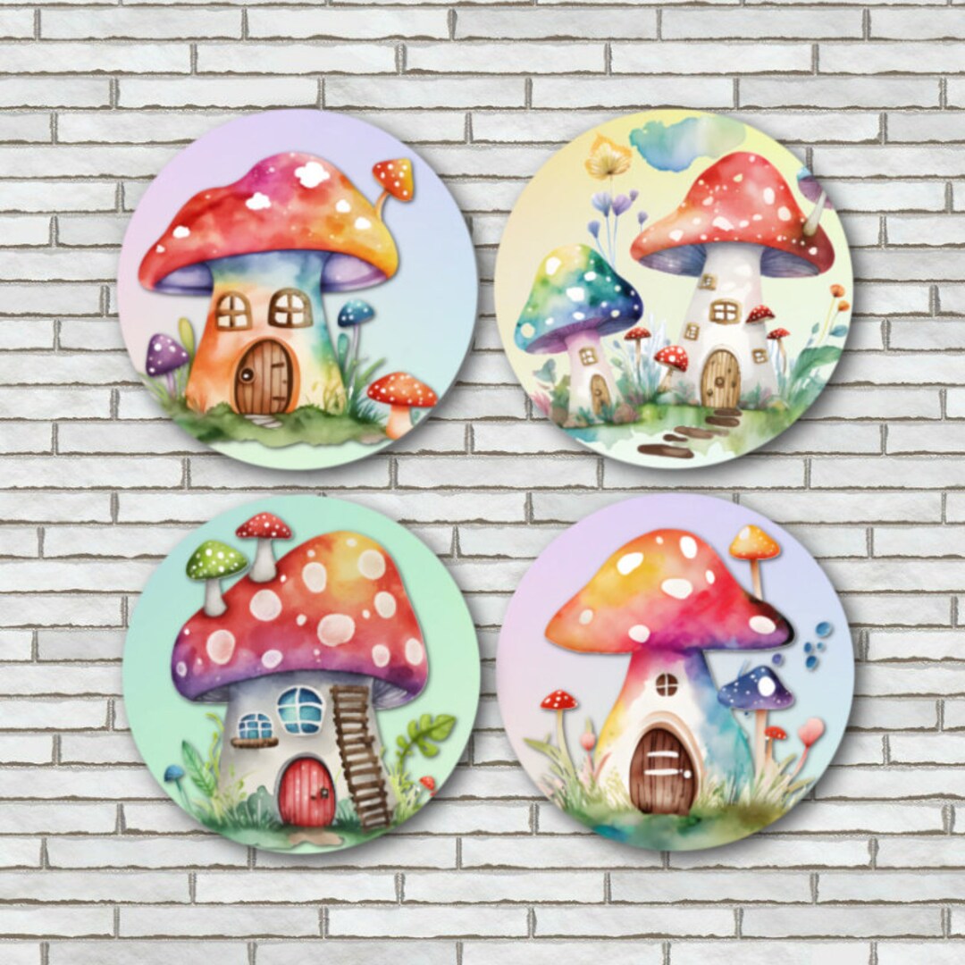 Set of 4 Mushroom House Fridge Magnets or Pinback Button Pins Large 2. ...
