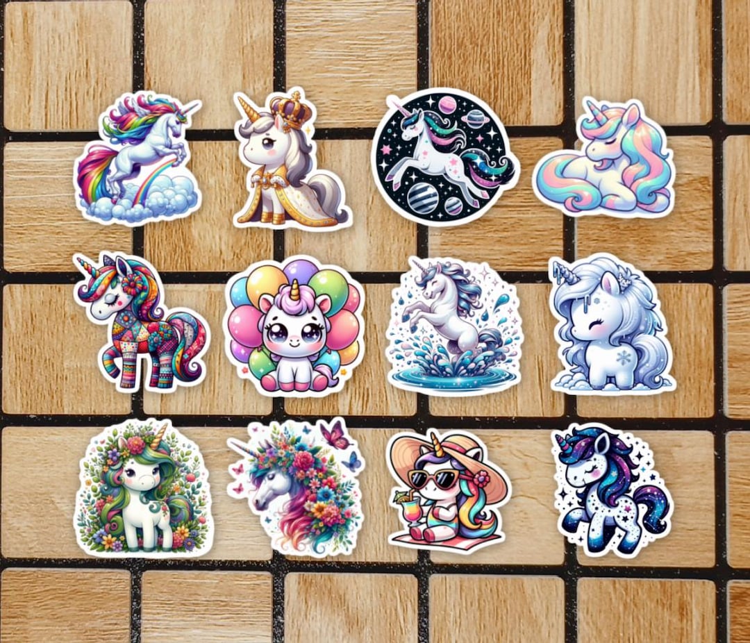 Set of 12 Unicorn Stickers - 2" Die Cut Unicorns Sticker Pack - Cute ...