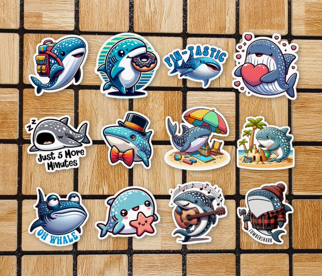 Set of 12 Whale Shark Stickers - 2" Die Cut Shark Sticker Pack - Shark ...