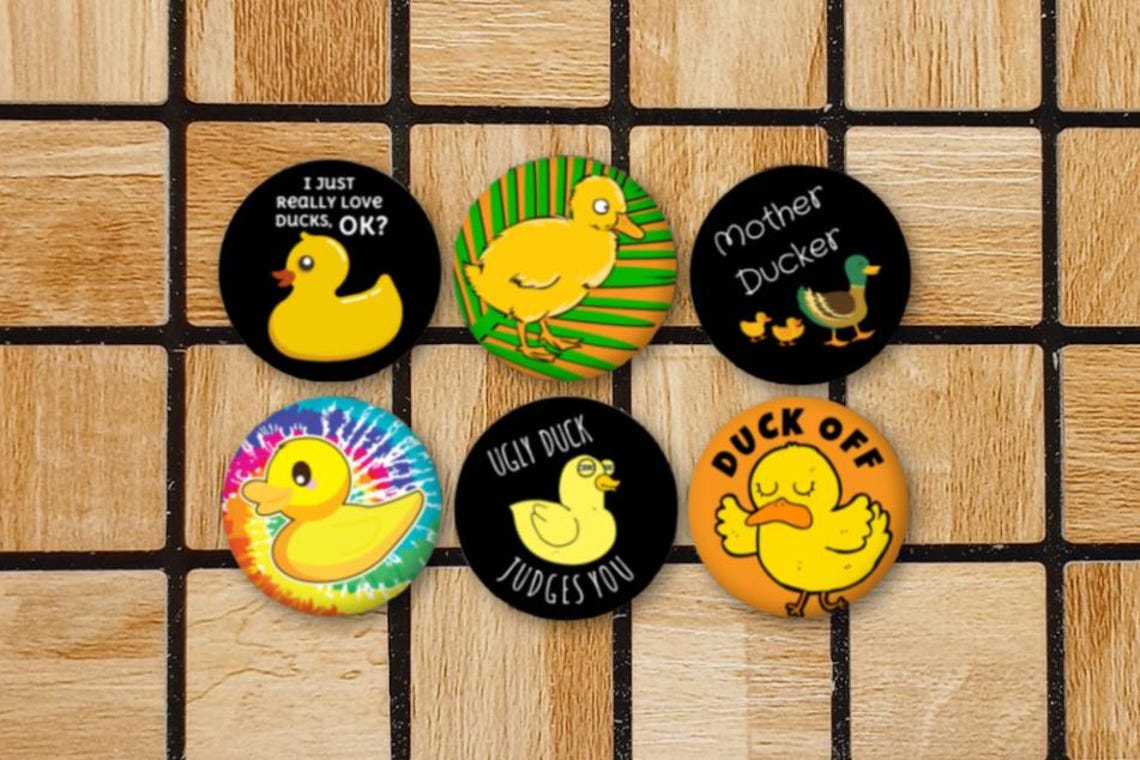 Set of 6 Funny Duck Duckling Pinback Buttons, Fridge Magnets or ...