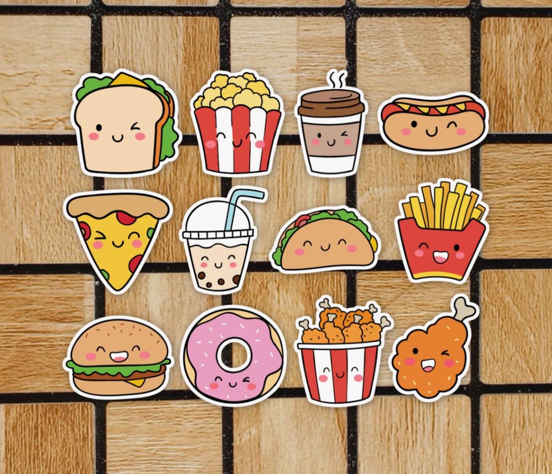 Set of 12 Cute Kawaii Food Stickers 2" Size Taco Donut Fries Hamburger ...