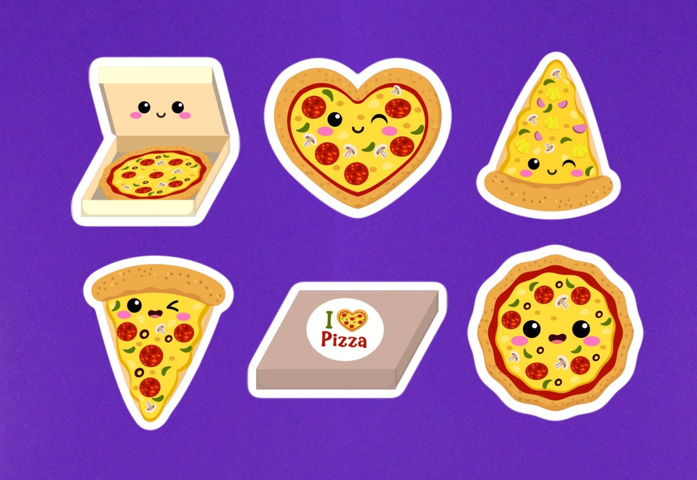 Kawaii Pizza Sticker Set Of 6 Pizza Stickers 2 On Their | Etsy