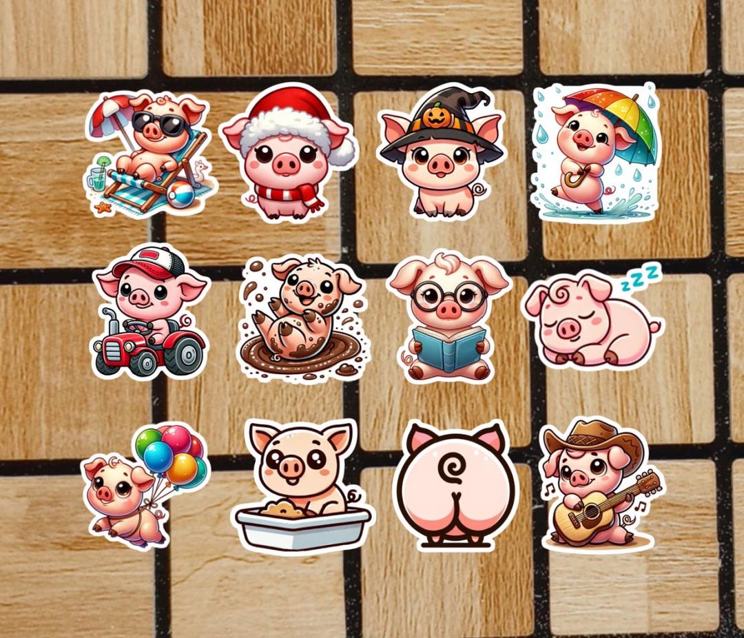 Set of 12 Pig Stickers - Kawaii Sticker Pack - 2" Size - Pig Gifts for ...
