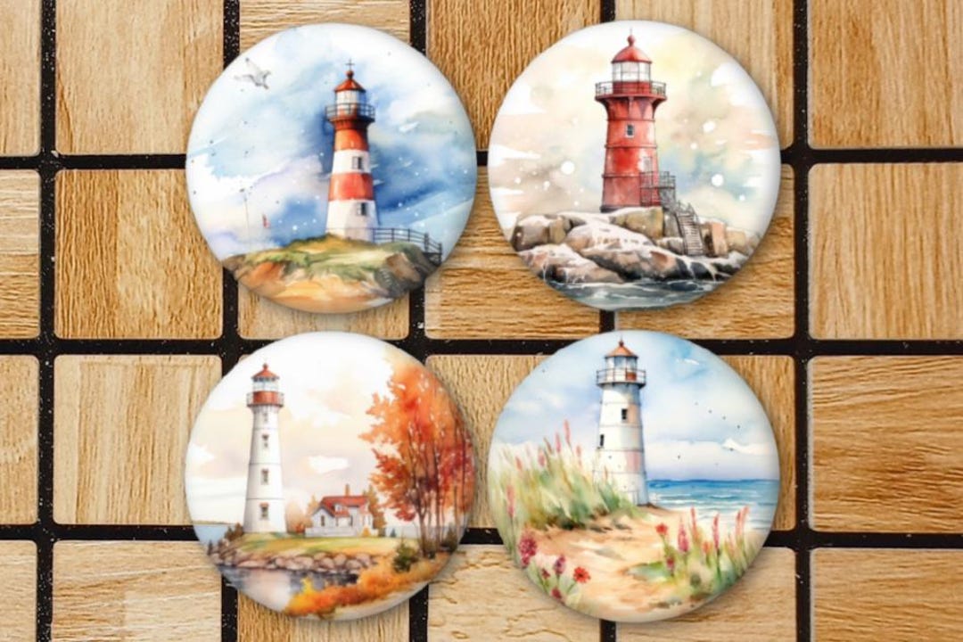 Set of 4 Watercolor Lighthouse Fridge Magnets or Pinback Button Pins ...