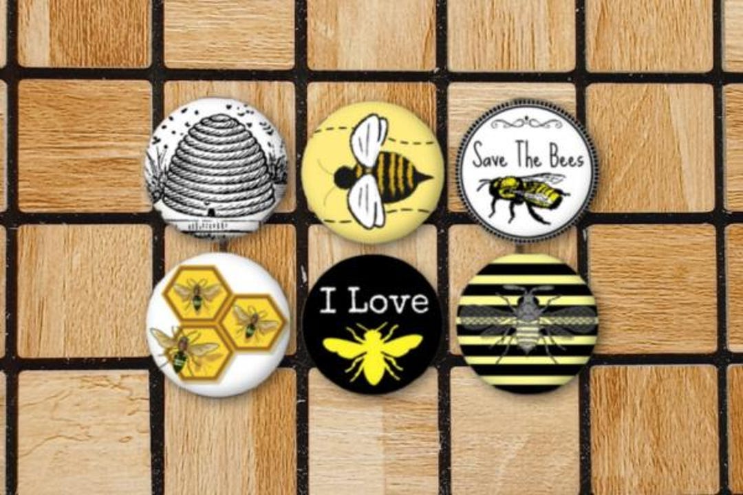 Set of 6 Bee Themed 1.25" or Pinback Buttons, Magnets or Scrapbook ...