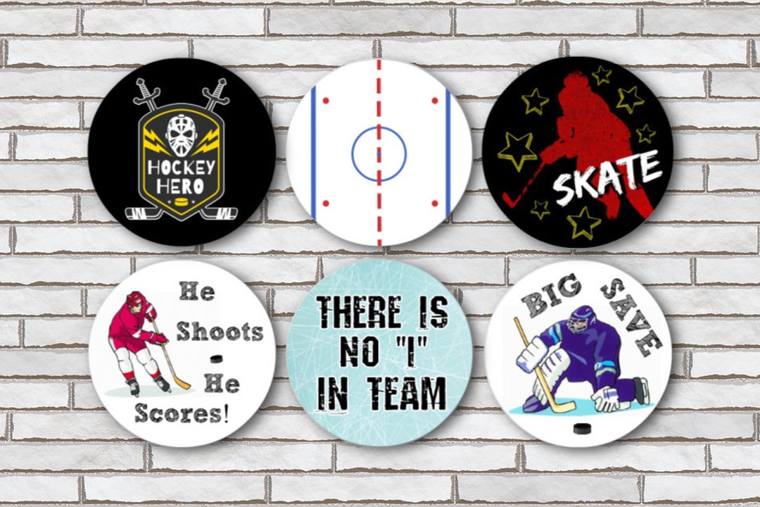 Set of 6 Hockey Magnets or Pinback Button Pins 1.25 Size Hockey Gifts ...