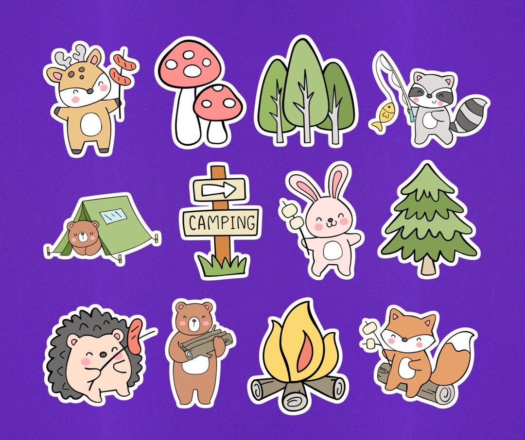 Set of 12 Cute Camping Stickers Approx 2 on Longest Side Animals Nature ...