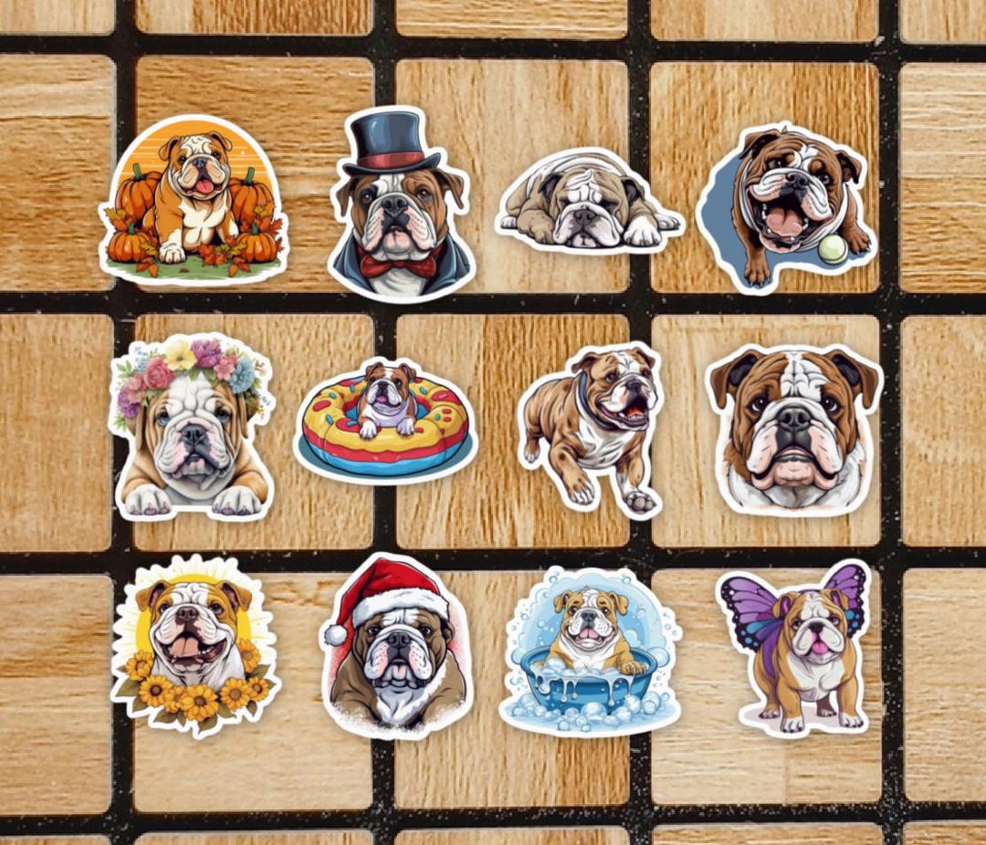 Set of 12 English Bulldog Stickers - Dog Sticker Pack - 2" Die Cut ...