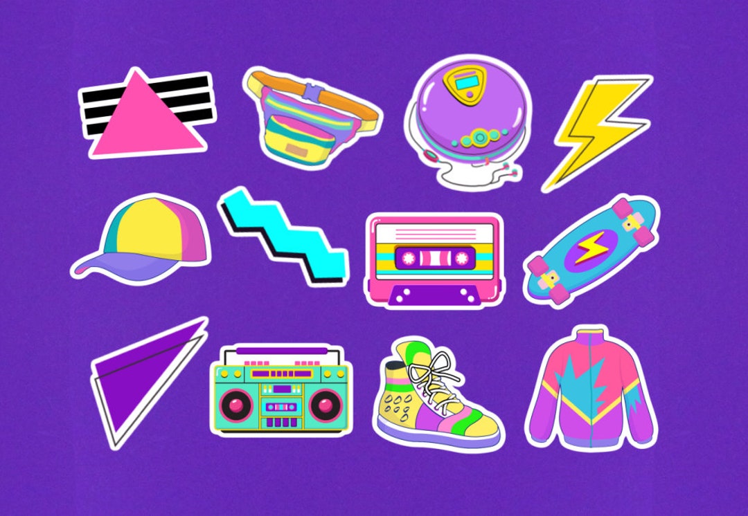 Set of 12 Different 90's Themed Stickers Approx 2 Size Vintage Fashion ...