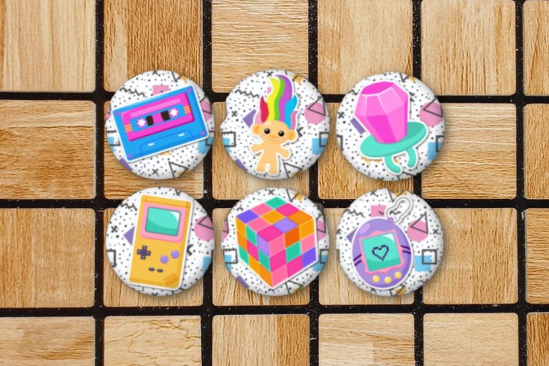 1.25" Set of 6 1990s 90s Themed Magnets or Pinback Buttons Pins or ...