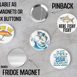Set of 6 Funny Fishing Themed 1.25" Pinback Button Pin or Fridge ...