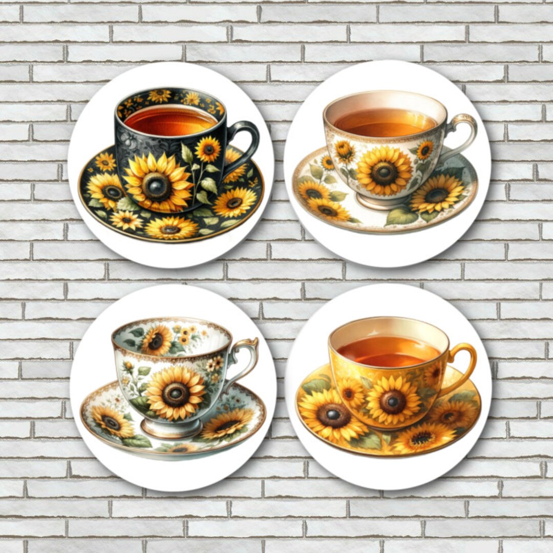 Set of 4 Sunflower Tea Cup Magnets or Pinback Button Pins 2.25 Size Tea ...