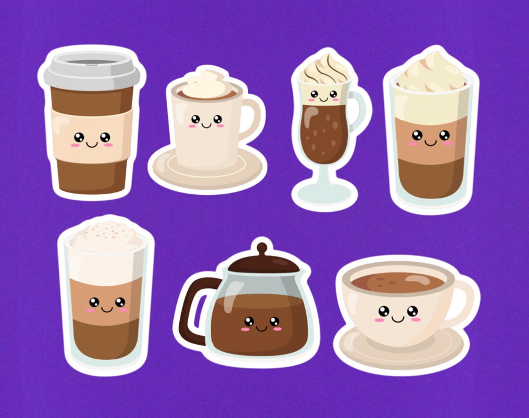Set of 7 Cute Kawaii Coffee Stickers 2 on Their Longest Side Die Cut ...