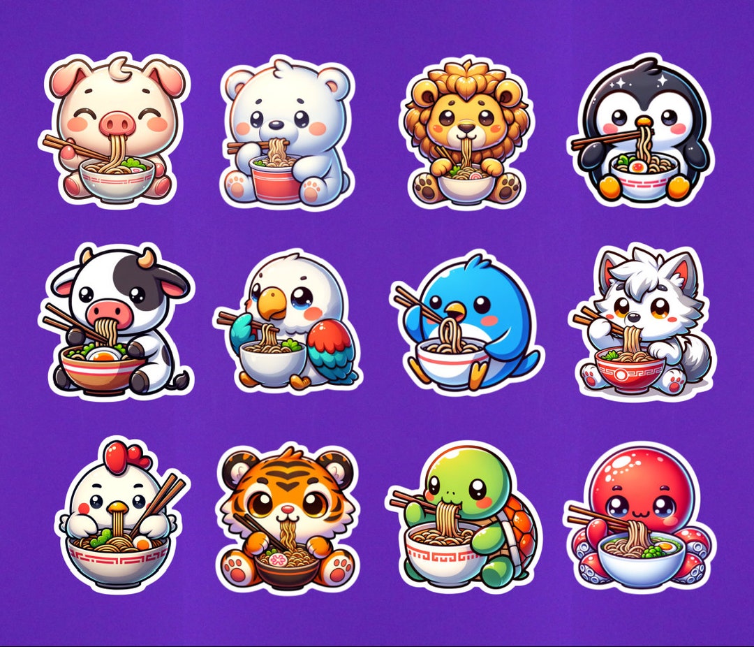 Set of 12 Cute Animals Eating Ramen Stickers 2 Laptop Sticker Pack ...