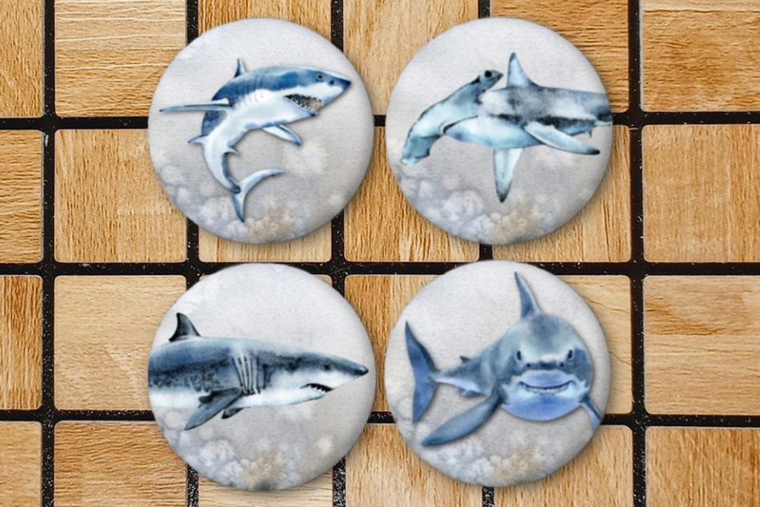 Set of 4 Shark Magnets or Pinback Buttons Pin - LARGE 2.25" Size ...