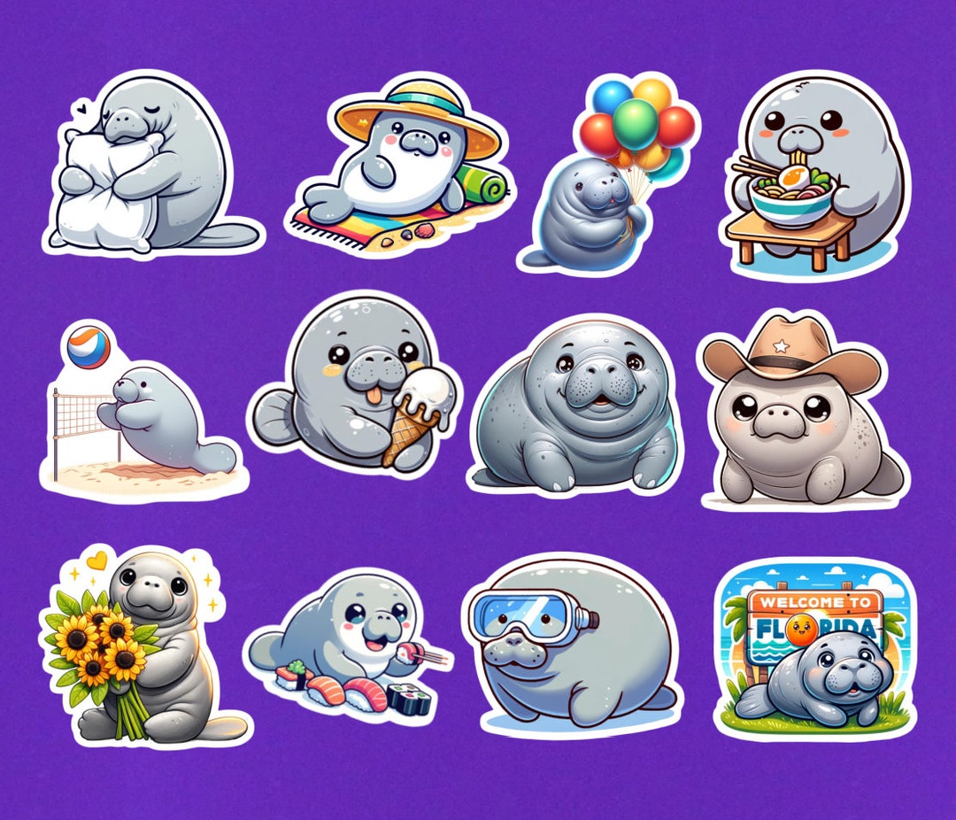 Set of 12 Manatee Stickers 2 Die Cut Manatees Sticker Pack Cute Laptop ...