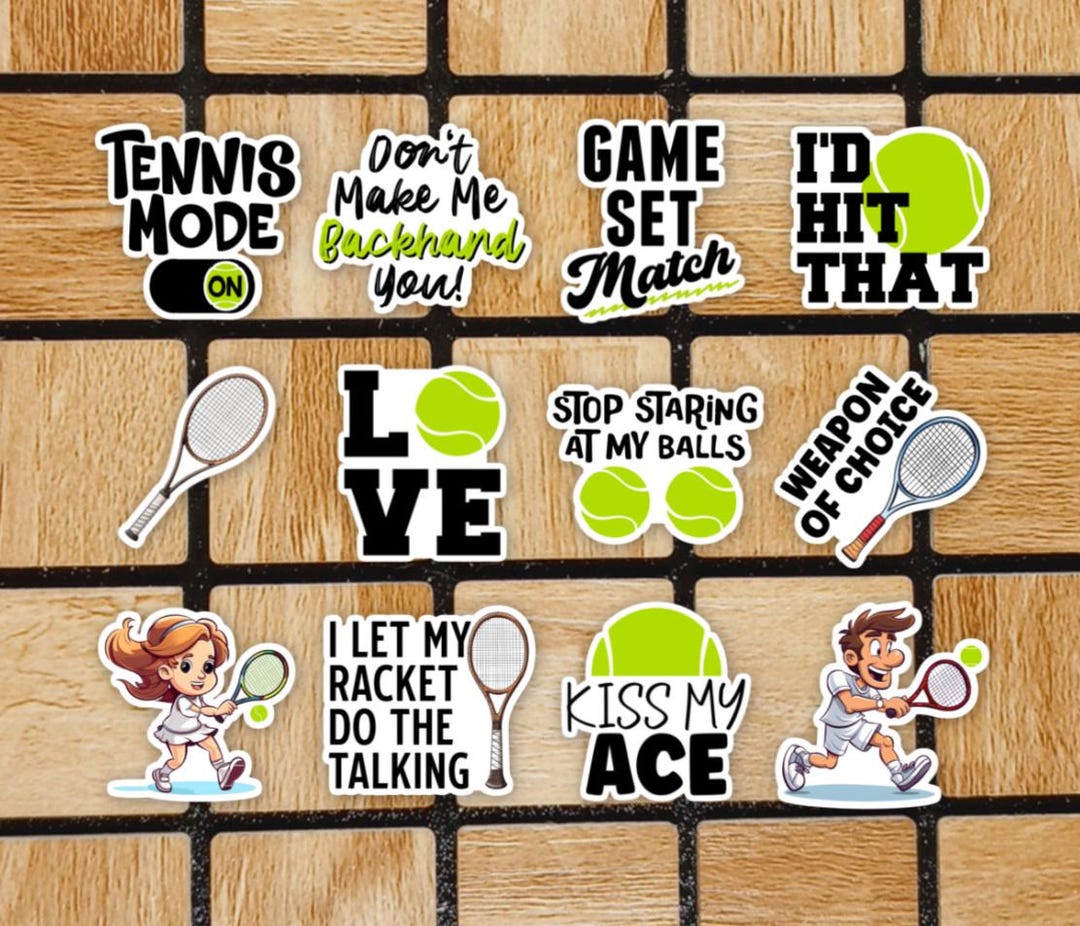 Set of 12 Tennis Stickers - Tennis Sticker Pack - 2" Die Cut Funny ...