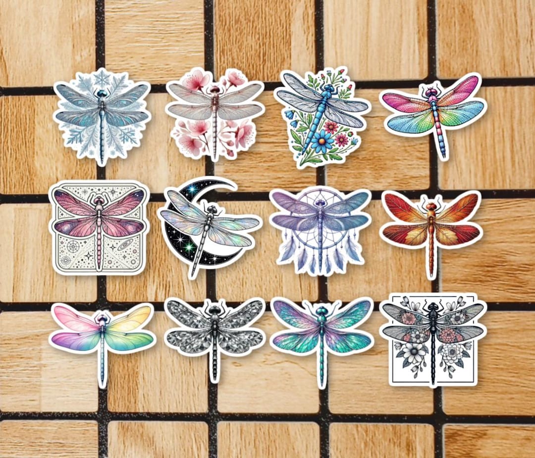 Set of 12 Dragonfly Stickers Pack - 2" Die Cut Mini Stickers ...