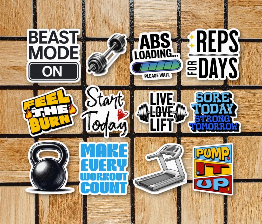 Set of 12 Workout Stickers - Gym Sticker Pack - Motivational Exercise ...