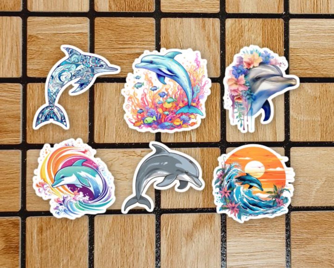 Set of 6 Dolphin Stickers - Cute Animal Sticker Pack - 3" Die Cut ...