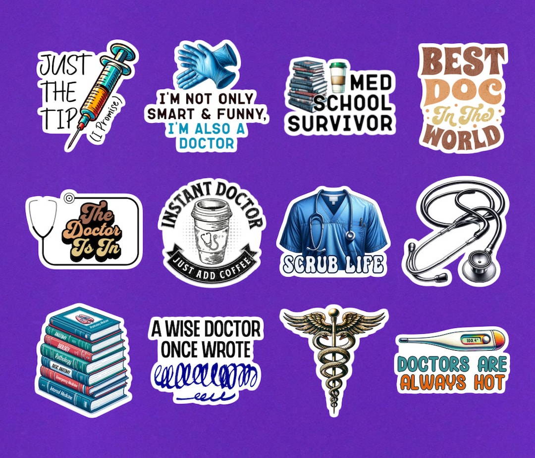 Set of 12 Funny Doctor Stickers Assorted 2 Die Cut Sticker Pack Doctor Gift Doctor Sticker Pack ...