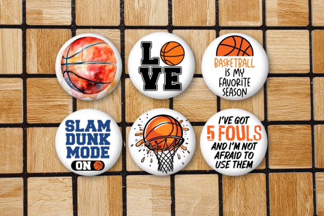 Set of 6 Basketball Magnets or Pinback Button Pins - 1.25" Size ...