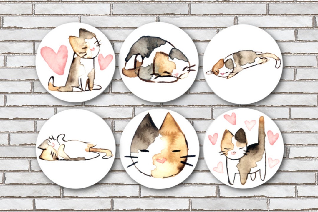 Set of 6 Watercolor Calico Cat Magnets or Pinback Button Pins 1.25 Size ...