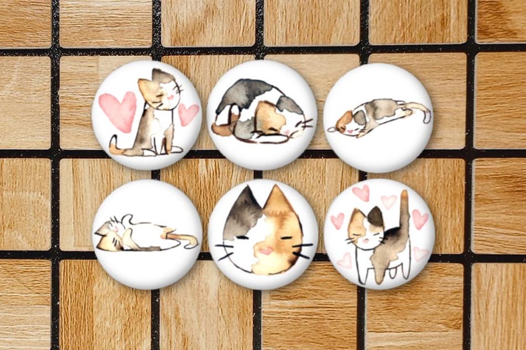 Set of 6 Watercolor Calico Cat Magnets or Pinback Button Pins - 1.25 ...