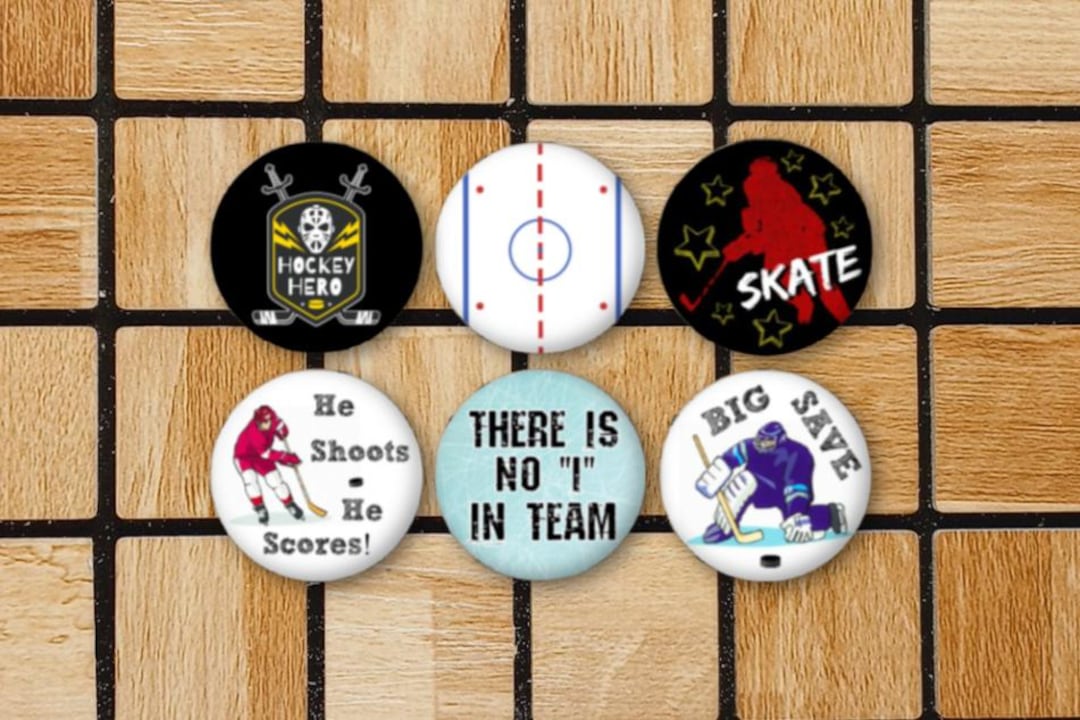Set of 6 Hockey Magnets or Pinback Button Pins - 1.25" Size - Hockey ...