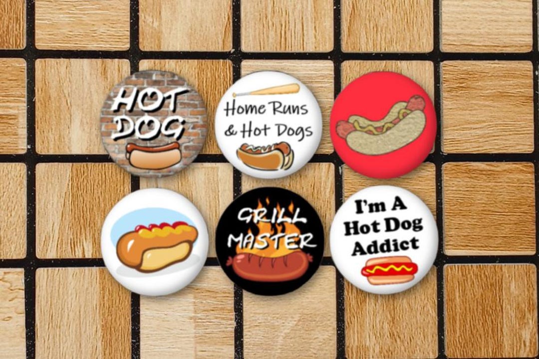 Set of 6 Funny Hot Dog Magnets or Pinback Button Pins - 1.25" Size ...